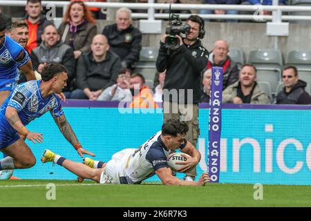 Herbie Farnworth of England goes over for a try during the Rugby League World Cup 2021 Semi ...