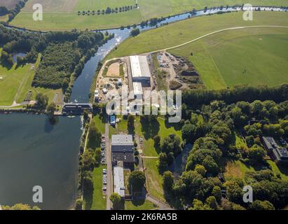 Aerial view, Hengsen reservoir, weir, Hengsen hydropower plant, AWWR ...