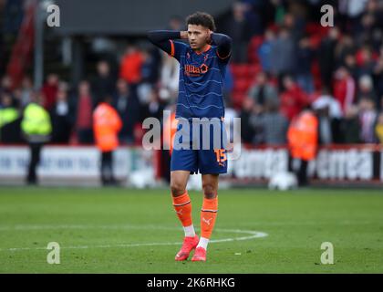 Rhys Williams #15 of Blackpool during the pre-game warmup tahead of he ...