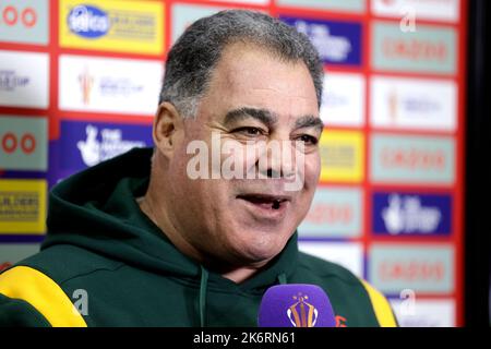 Australian head coach Mal Meninga being interviewed before the Rugby ...
