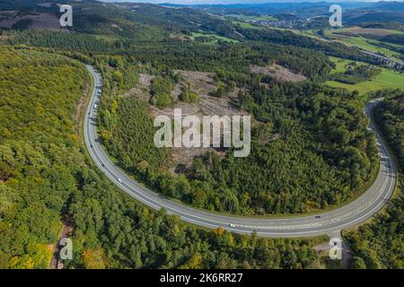 Aerial view, long S-curve federal road B55, forest damage, forest ...