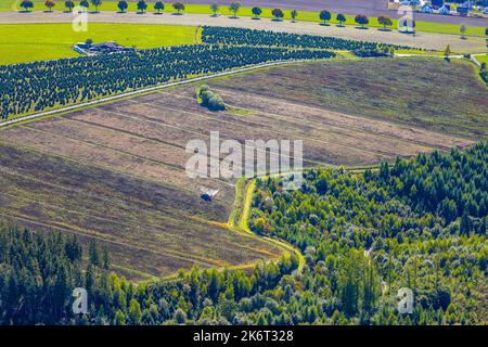aerial view, field work, tractor on field, agricultural work, spray ...