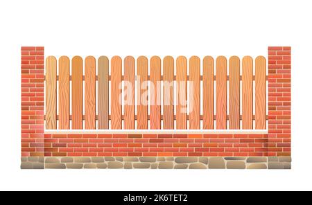 Set of fence. Wooden fence with brick pillars. Horizontal seamless ...