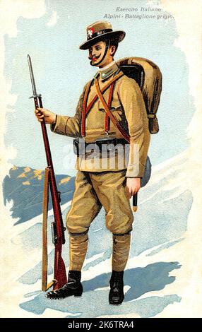 1905 ca , ITALY : A postcard with italian military ALPINI soldiers of ...