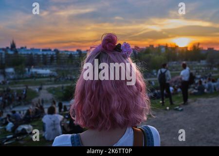 Germany, Berlin, 09. 05. 2021, Sunday afternoon in Mauerpark, graffiti ...