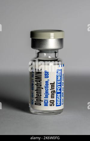 A bottle of Diphenhydramine-Benadryl drug for injection treating ...