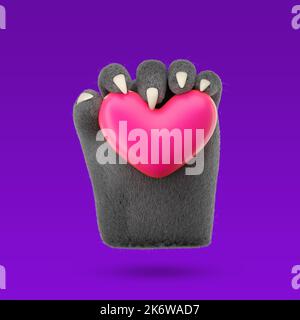 3d furry wolf hands holding heart in plastic cartoon style. Werewolf ...