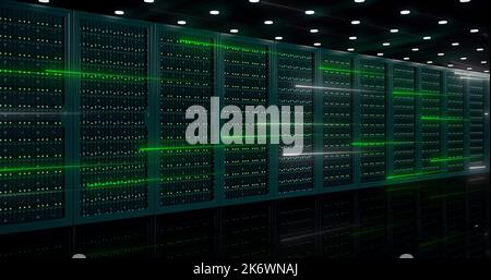 Powerful servers sit behind glass panels in a server room of a data ...