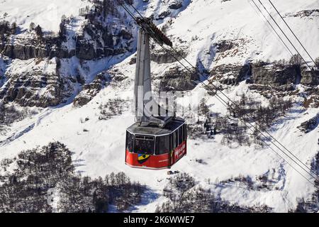 Leukerbad, Switzerland - February 12 2022: Torrent Bahnen cable car ...