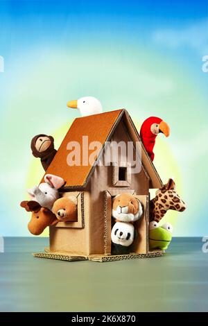 Ten animals finger puppets cardboard houses with sky vector background ...