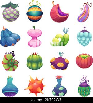 Fantasy fruits. Fairytale decorative comic plants magic fruits for game ...