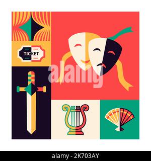 Theatre color set with performance symbols isometric isolated vector ...