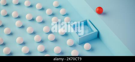 Courage Concept: A group of white spheres waiting for one red sphere to ...