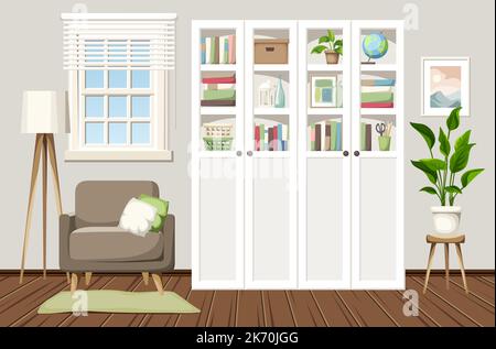 Living room interior with white bookcases and a blue sofa. Scandinavian ...