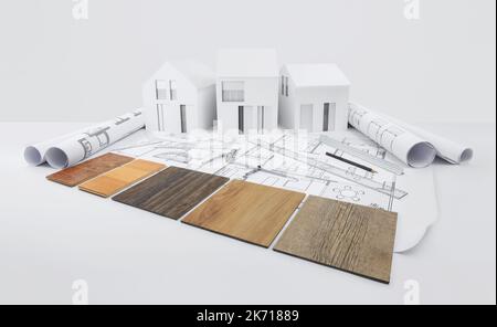 samples of wooden flooring, samplers of laminates, tiles and baseboards ...