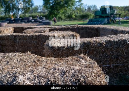 Straw bale maze with child going along a path towards the center Stock ...