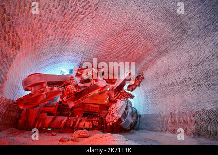 Mining machine cuts layers of mineral ore with saw in quarry Stock ...