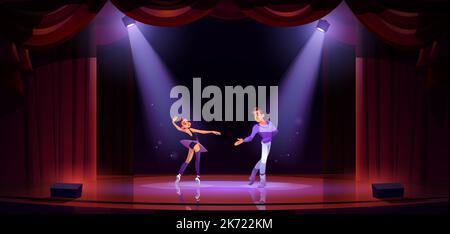Ballet dancers couple dance on theater stage with red curtains and ...