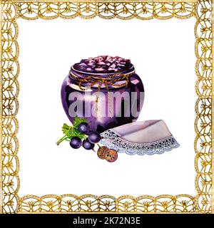 Blackcurrant jam. Watercolor illustration. labels, packaging and ...