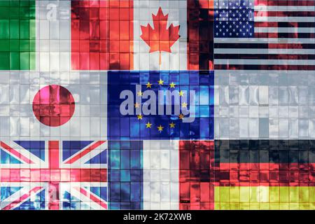 G7 summit or meeting concept. Row from flags of members of G7 group of ...
