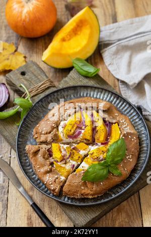 Homemade galette pie or crostata with pumpkin and ricotta cheese on ...
