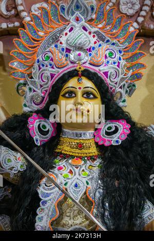 Goddess Saraswati figure. Hindu puja. Incense, offerings, petals ...