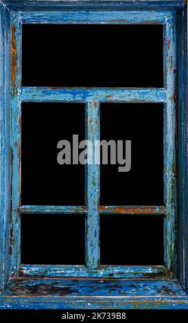 old window frame with remnants of blue paint with a beautiful autumn ...