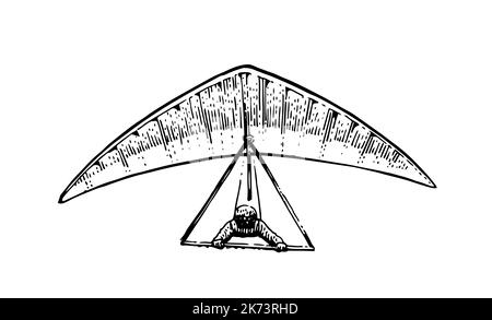 Hang glider flying. Pilot in helmet. Bottom view from afar. Hand drawn ...