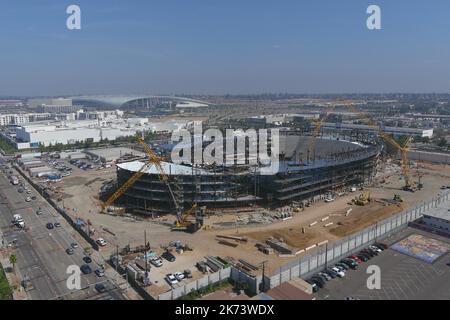 A general overall aerial view of the Intuit Dome construction site with ...