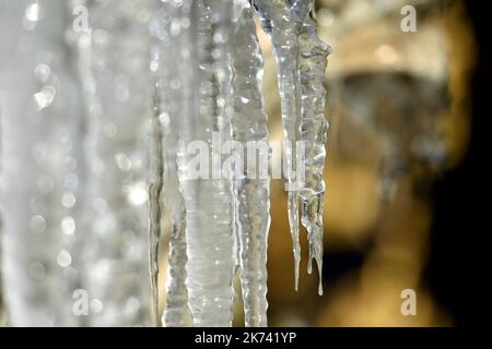 Nancy, France, jan 18th 2017 The Neptune fountain covered with ice ...