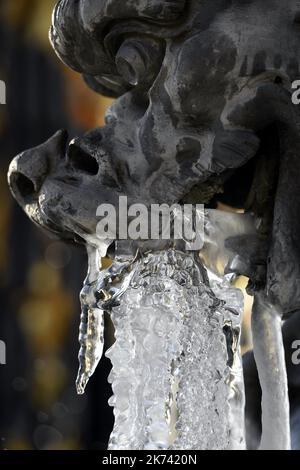 Nancy, France, jan 18th 2017 The Neptune fountain covered with ice ...