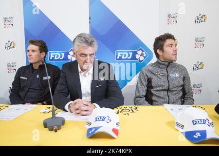Thibaut Pinot and Arnaud Demare during a Tour de France 2017 press ...