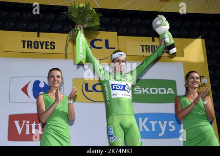 Arnaud DEMARE of FDJ celebrates with the green jersey on the podium ...