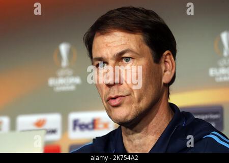 Marseille coach Rudi Garcia and Adil Rami during a Press conference ...