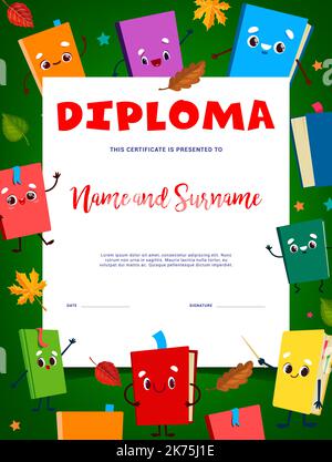 Kids diploma certificate with books, textbooks and bestsellers cartoon ...