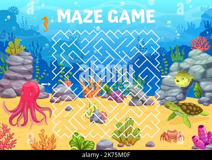 Labyrinth maze of cartoon funny underwater animals and fish. Vector ...