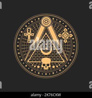 Occult pentagram, skull and pyramid, magic tarot and esoteric vector ...
