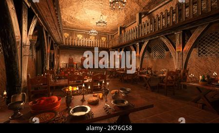 Medieval Viking dining hall interior with a boar roasting over an open ...