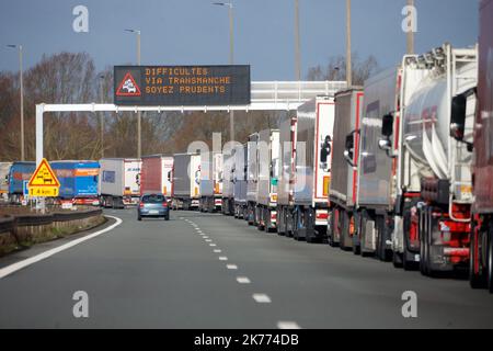 Lorries traffic jam on the A16 around Calais due to customs strike ...