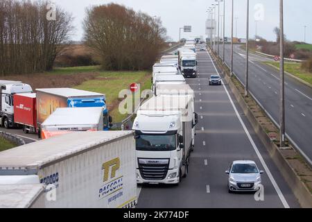 Lorries traffic jam on the A16 around Calais due to customs strike ...