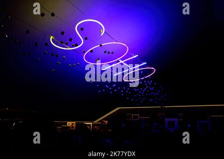 Atmospheric and illuminating neon Soho lettered sign at night time in ...