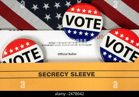 patriotic campaign voting pins on vintage United States Constitution ...