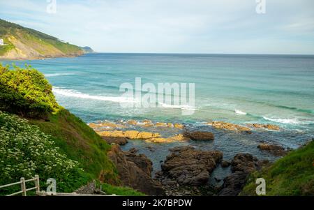 Atlantic ocean bay with sanly beach in Bakio, small touristic village ...