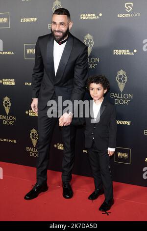 Karim Benzema of Real Madrid with his son Ibrahim arrive at the Ballon ...