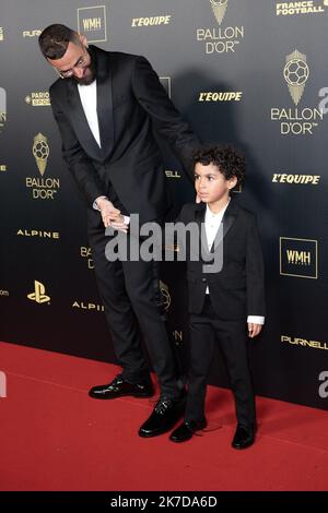 Karim Benzema of Real Madrid with his son Ibrahim arrive at the Ballon ...