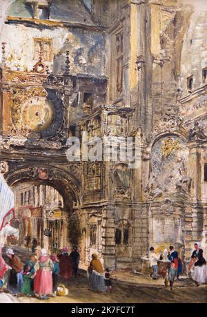 William Parrott painting; Le Gros Horloge et la Fontaine D'Arethuse ...