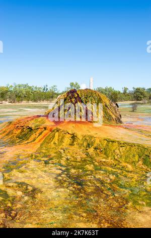 View of a century-old Artesian Bore showing colourful mineral deposits ...