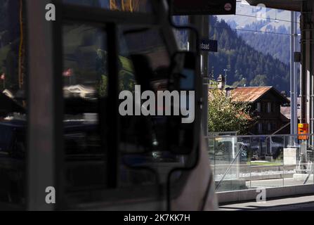 Railway station and Goldenpass train in Gstaad, Switzerland Stock Photo ...
