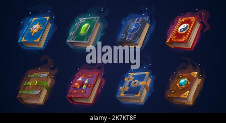 Old magic books of spells with gems, gold and silver covers and mystery ...