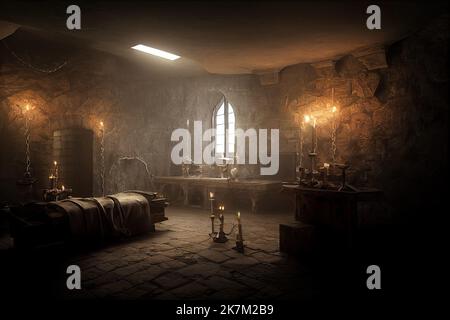 Dracula castle cell interior with chains by candlesticks, writing desk ...